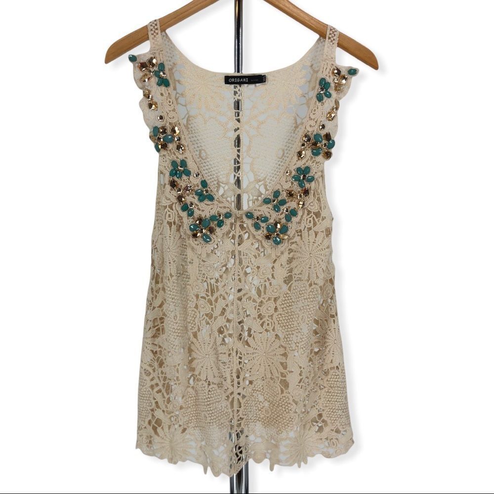 Origami Boutique Cream Crochet Open Weave Tank Top Wi… - Gem